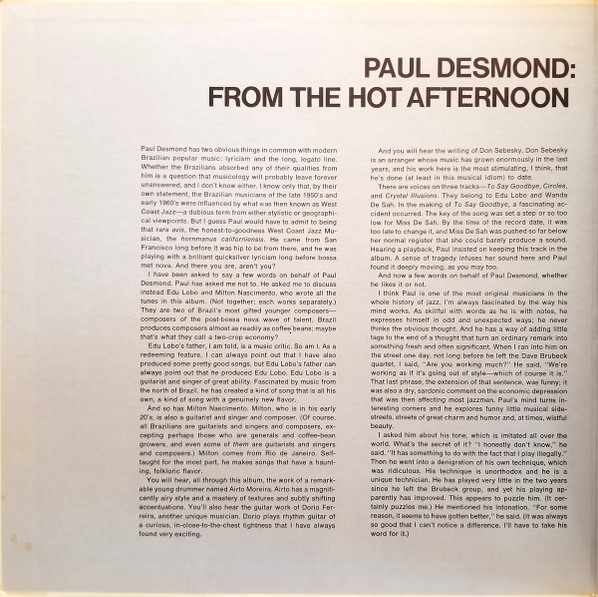 Paul Desmond - From The Hot Afternoon - Used Vinyl - High-Fidelity ...